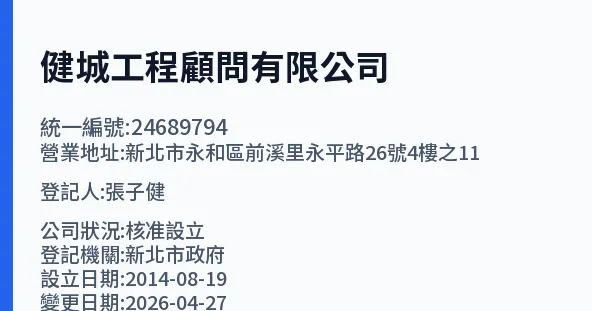 健城工程顧問有限公司的照片-統編 24689794(新北市) 公司登記資料與營業項目詳細圖表
