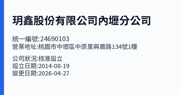 玥鑫股份有限公司內壢分公司的照片-統編 24690103(桃園市) 公司登記資料與營業項目詳細圖表