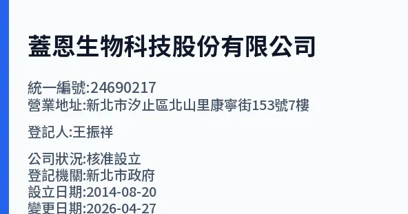 蓋恩生物科技股份有限公司的照片-統編 24690217(新北市) 公司登記資料與營業項目詳細圖表