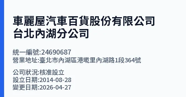 車麗屋汽車百貨股份有限公司台北內湖分公司的照片-統編 24690687(臺北市) 公司登記資料與營業項目詳細圖表