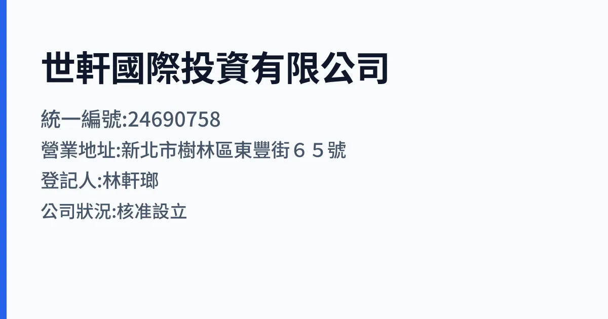 世軒國際投資有限公司 - 統編 24690758(新北市) 公司登記資料與營業項目詳細圖表