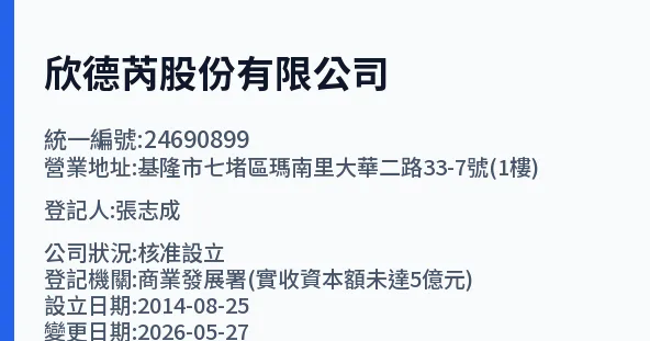 欣德芮股份有限公司的照片-統編 24690899(基隆市) 公司登記資料與營業項目詳細圖表