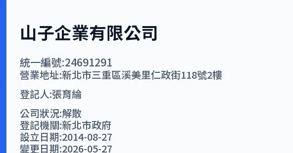山子企業有限公司的照片-統編 24691291(新北市) 公司登記資料與營業項目詳細圖表