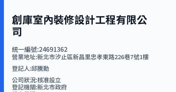 創庫室內裝修設計工程有限公司的照片-統編 24691362(新北市) 公司登記資料與營業項目詳細圖表