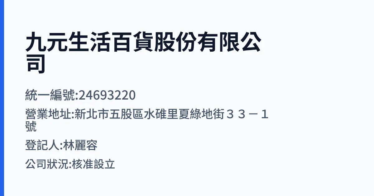 九元生活百貨股份有限公司 - 統編 24693220(新北市) 公司登記資料與營業項目詳細圖表
