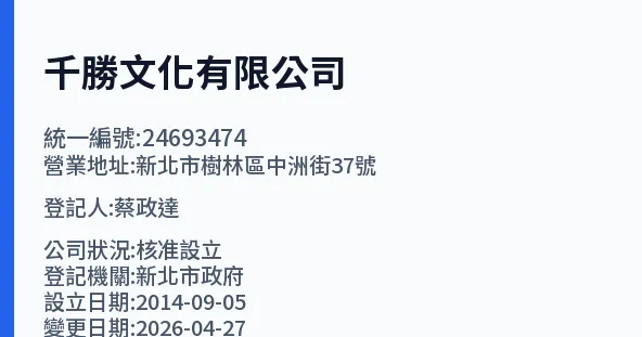 千勝文化有限公司的照片-統編 24693474(新北市) 公司登記資料與營業項目詳細圖表