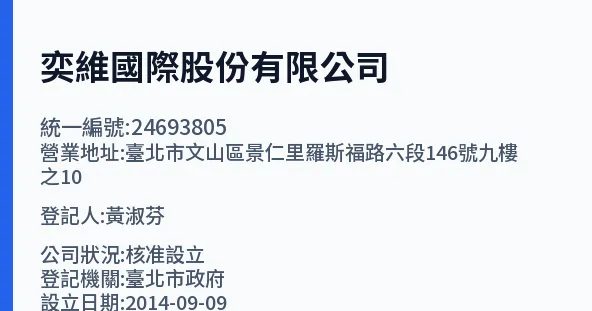 奕維國際股份有限公司的照片-統編 24693805(臺北市) 公司登記資料與營業項目詳細圖表