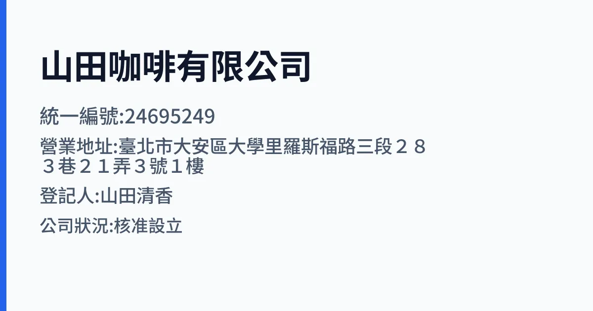 山田咖啡有限公司 - 統編 24695249(臺北市) 公司登記資料與營業項目詳細圖表