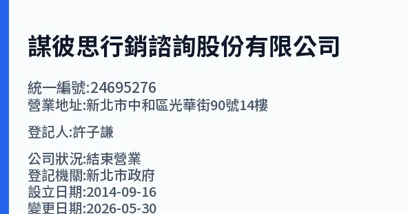 謀彼思行銷諮詢股份有限公司的照片-統編 24695276(新北市) 公司登記資料與營業項目詳細圖表
