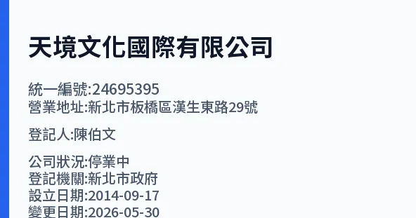 天境文化國際有限公司的照片-統編 24695395(新北市) 公司登記資料與營業項目詳細圖表