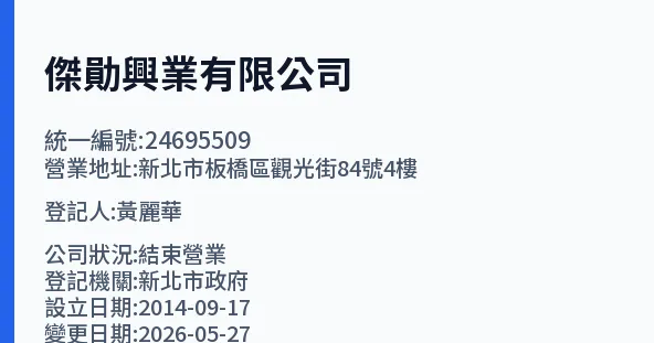 傑勛興業有限公司的照片-統編 24695509(新北市) 公司登記資料與營業項目詳細圖表