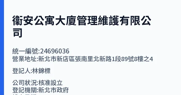 衞安公寓大廈管理維護有限公司的照片-統編 24696036(新北市) 公司登記資料與營業項目詳細圖表