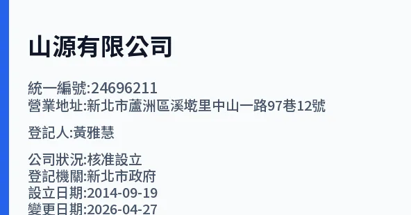 山源有限公司的照片-統編 24696211(新北市) 公司登記資料與營業項目詳細圖表