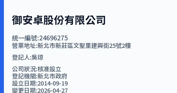 御安卓股份有限公司的照片-統編 24696275(新北市) 公司登記資料與營業項目詳細圖表