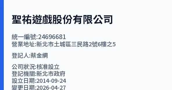 聖祐遊戲股份有限公司的照片-統編 24696681(新北市) 公司登記資料與營業項目詳細圖表