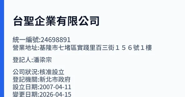 台聖企業有限公司的照片-統編 24698891(新北市) 公司登記資料與營業項目詳細圖表