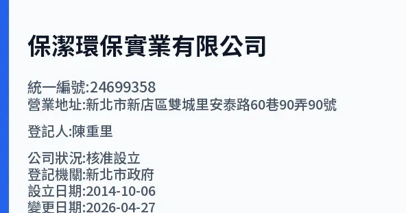 保潔環保實業有限公司的照片-統編 24699358(新北市) 公司登記資料與營業項目詳細圖表