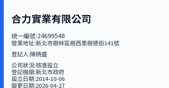 合力實業有限公司的照片-統編 24699548(新北市) 公司登記資料與營業項目詳細圖表