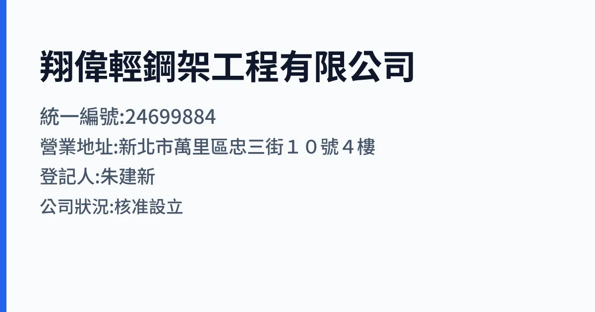 翔偉輕鋼架工程有限公司 - 統編 24699884(新北市) 公司登記資料與營業項目詳細圖表