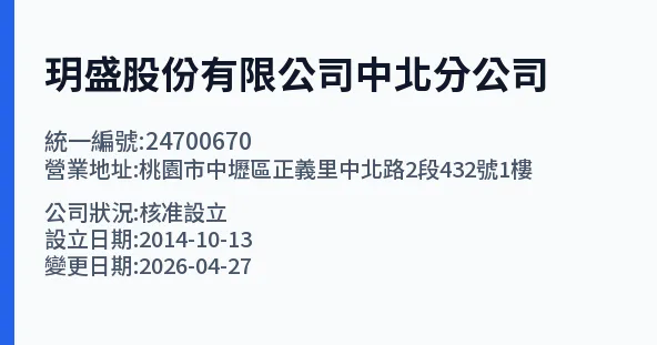 玥盛股份有限公司中北分公司的照片-統編 24700670(桃園市) 公司登記資料與營業項目詳細圖表