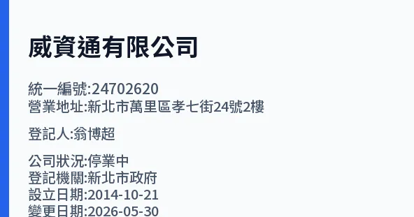 威資通有限公司的照片-統編 24702620(新北市) 公司登記資料與營業項目詳細圖表