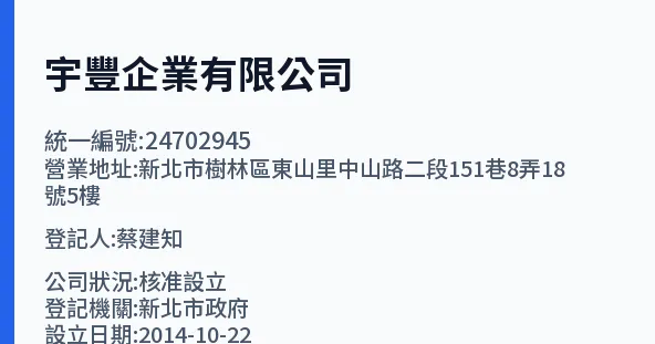 宇豐企業有限公司的照片-統編 24702945(新北市) 公司登記資料與營業項目詳細圖表