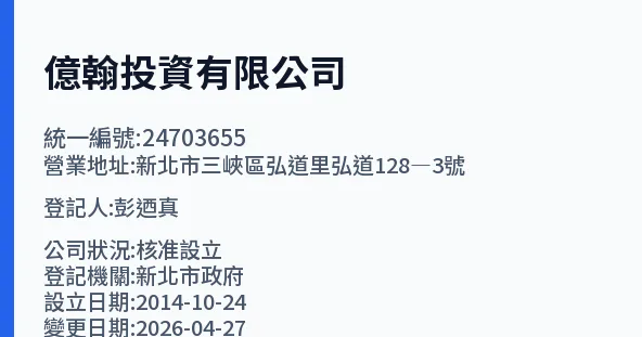 億翰投資有限公司的照片-統編 24703655(新北市) 公司登記資料與營業項目詳細圖表