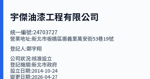 宇傑油漆工程有限公司的照片-統編 24703727(新北市) 公司登記資料與營業項目詳細圖表