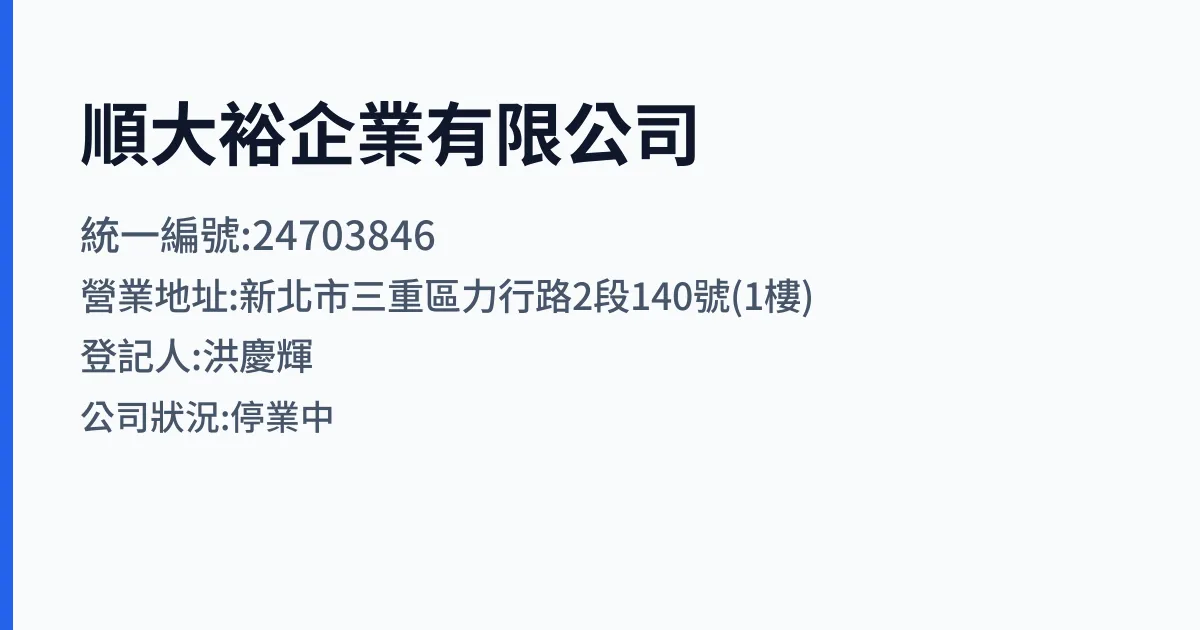 順大裕企業有限公司 - 統編 24703846(新北市) 公司登記資料與營業項目詳細圖表