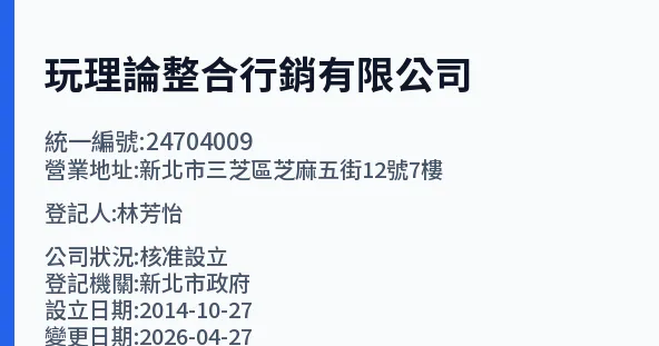 玩理論整合行銷有限公司的照片-統編 24704009(新北市) 公司登記資料與營業項目詳細圖表
