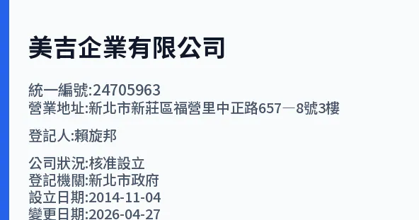 美吉企業有限公司的照片-統編 24705963(新北市) 公司登記資料與營業項目詳細圖表