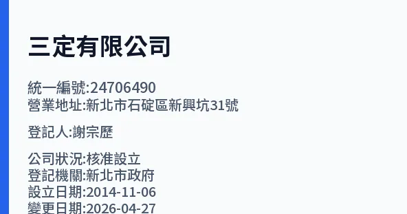 三定有限公司的照片-統編 24706490(新北市) 公司登記資料與營業項目詳細圖表