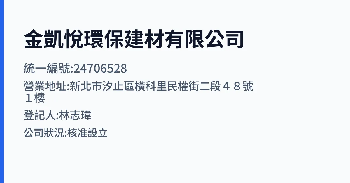 金凱悅環保建材有限公司 - 統編 24706528(新北市) 公司登記資料與營業項目詳細圖表