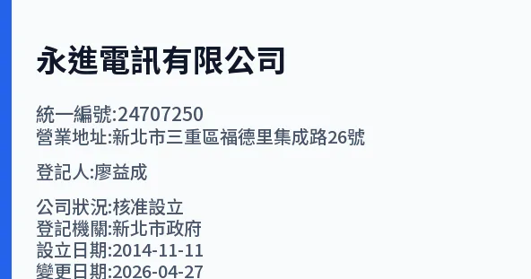 永進電訊有限公司的照片-統編 24707250(新北市) 公司登記資料與營業項目詳細圖表