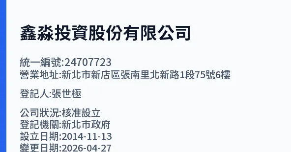 鑫淼投資股份有限公司的照片-統編 24707723(新北市) 公司登記資料與營業項目詳細圖表