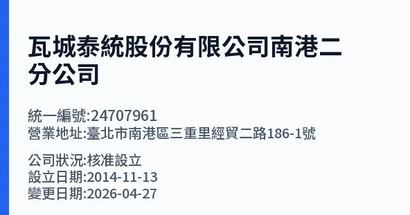 瓦城泰統股份有限公司南港二分公司的照片-統編 24707961(臺北市) 公司登記資料與營業項目詳細圖表