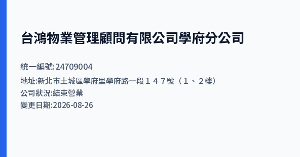 台鴻物業管理顧問有限公司學府分公司的照片-統編 24709004(新北市) 公司登記資料與營業項目詳細圖表
