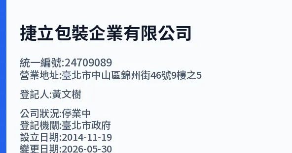 捷立包裝企業有限公司的照片-統編 24709089(臺北市) 公司登記資料與營業項目詳細圖表