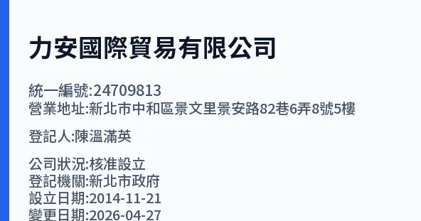 力安國際貿易有限公司的照片-統編 24709813(新北市) 公司登記資料與營業項目詳細圖表