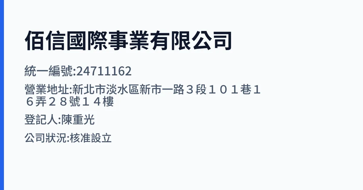 佰信國際事業有限公司 - 統編 24711162(新北市) 公司登記資料與營業項目詳細圖表