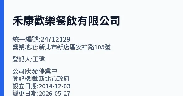 禾康歡樂餐飲有限公司的照片-統編 24712129(新北市) 公司登記資料與營業項目詳細圖表