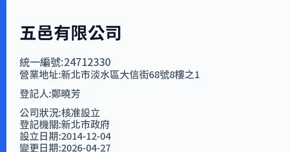 五邑有限公司的照片-統編 24712330(新北市) 公司登記資料與營業項目詳細圖表
