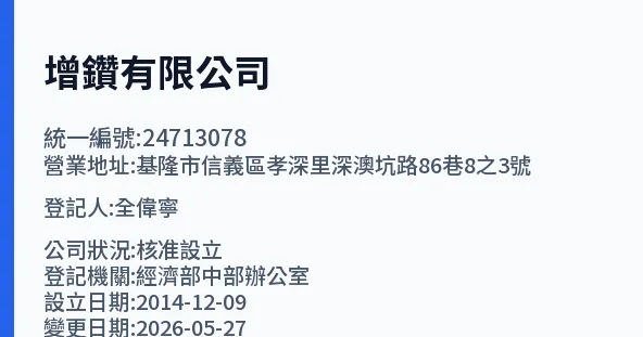 增鑽有限公司的照片-統編 24713078(基隆市) 公司登記資料與營業項目詳細圖表