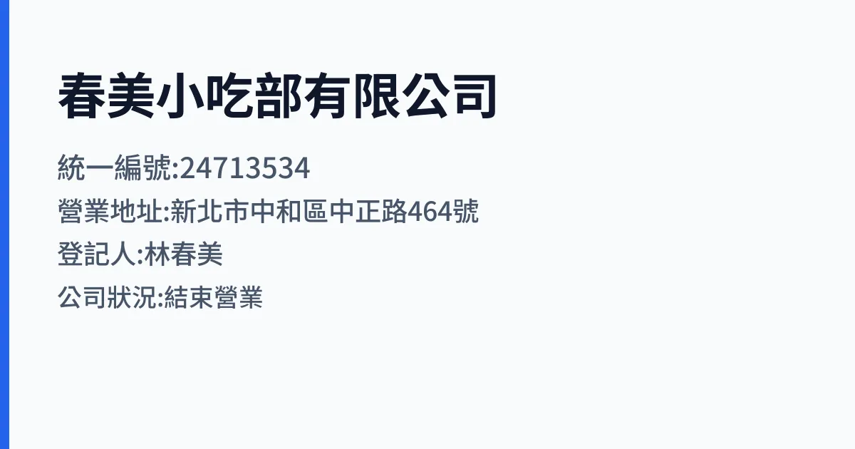 春美小吃部有限公司 - 統編 24713534(新北市) 公司登記資料與營業項目詳細圖表