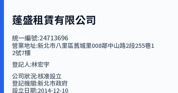 蓬盛租賃有限公司的照片-統編 24713696(新北市) 公司登記資料與營業項目詳細圖表