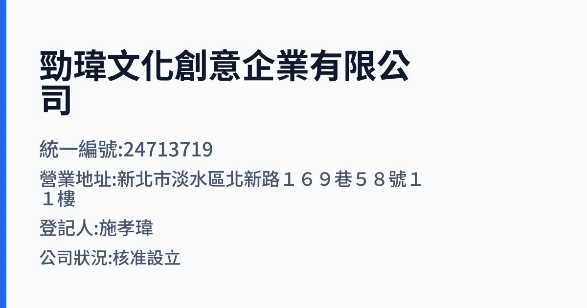 勁瑋文化創意企業有限公司 - 統編 24713719(新北市) 公司登記資料與營業項目詳細圖表