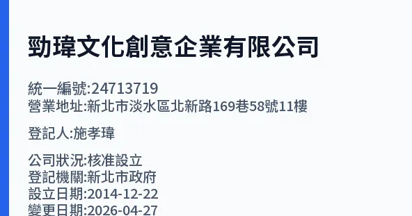 勁瑋文化創意企業有限公司的照片-統編 24713719(新北市) 公司登記資料與營業項目詳細圖表