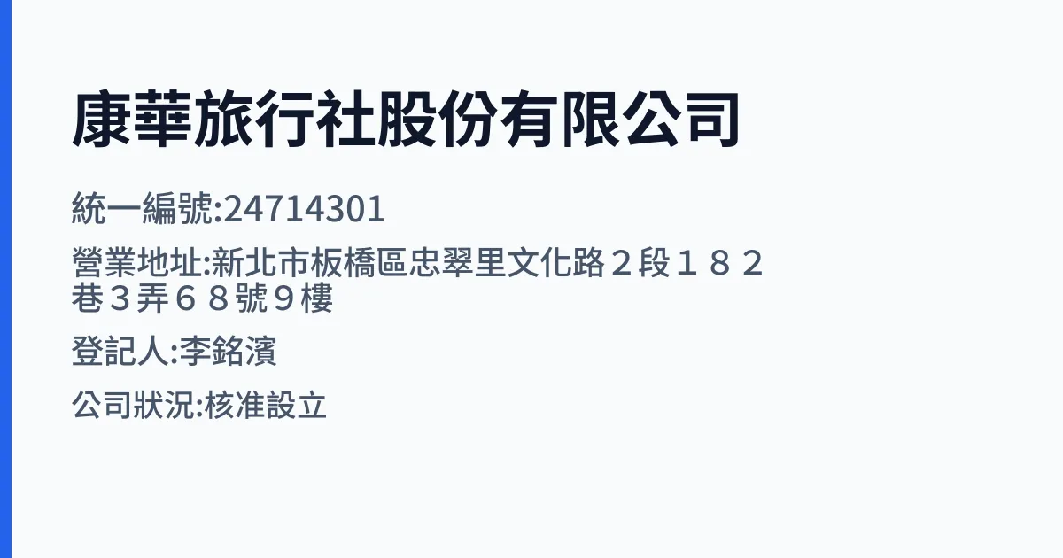 康華旅行社股份有限公司 - 統編 24714301(新北市) 公司登記資料與營業項目詳細圖表
