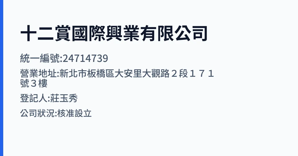 十二賞國際興業有限公司 - 統編 24714739(新北市) 公司登記資料與營業項目詳細圖表