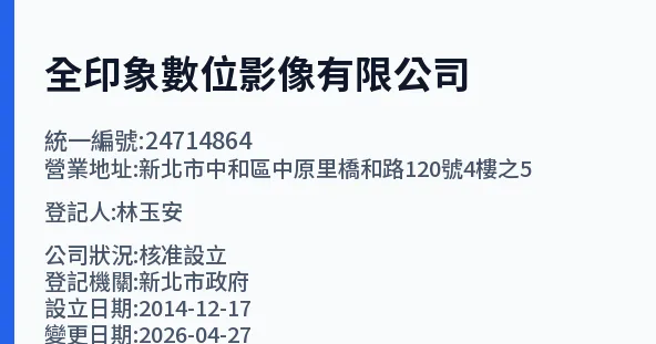 全印象數位影像有限公司的照片-統編 24714864(新北市) 公司登記資料與營業項目詳細圖表